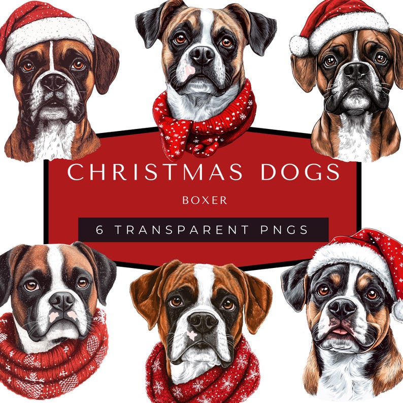 Festive Coats Boxer Xmas Dog Clipart Pack, Boxer Doggy in Holiday Hats ...