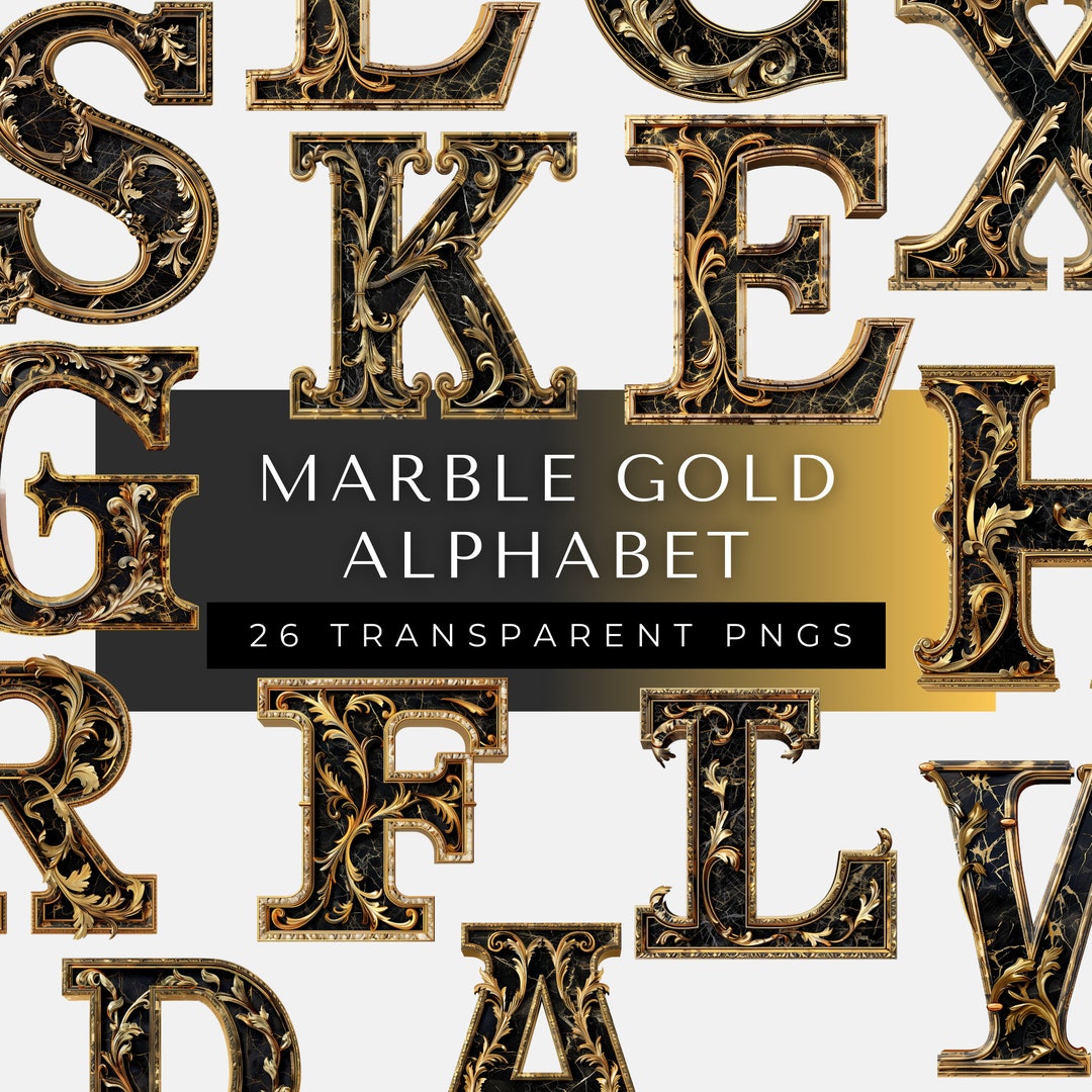 Clipart Alphabet Collection, Marble Black and Gold Stone Letters, Baby ...