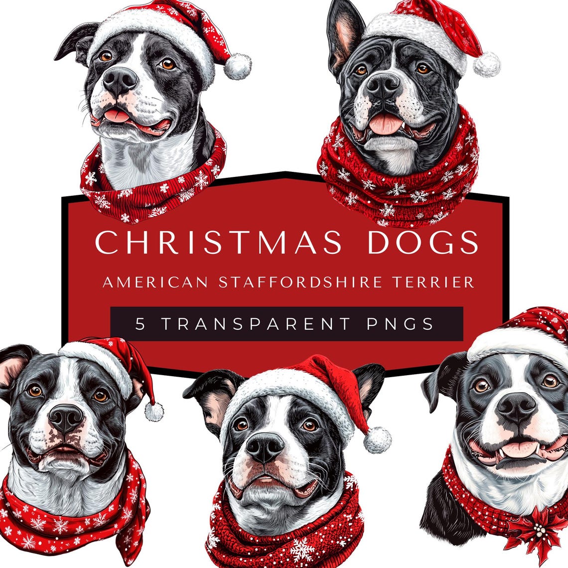 Festive Staffy Xmas Dog Clipart Pack, American Staffordshire Terrier in ...