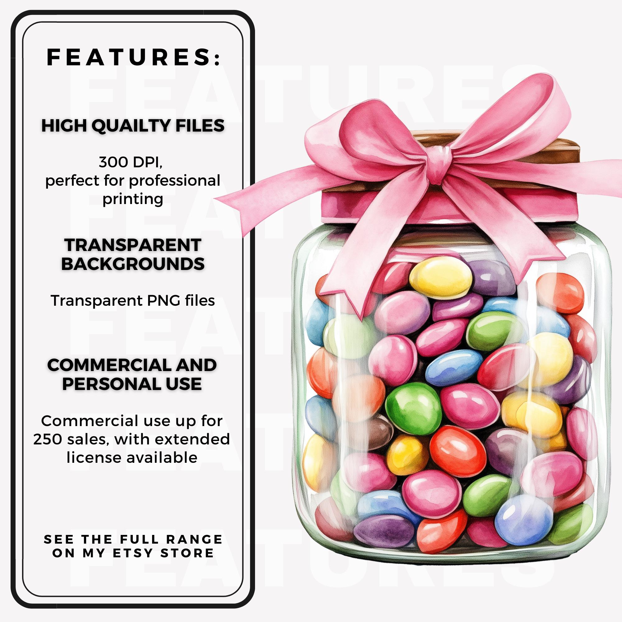Candy Jar Clipart, Vibrant Watercolor Designs, Pink Bow Tied Jars ...