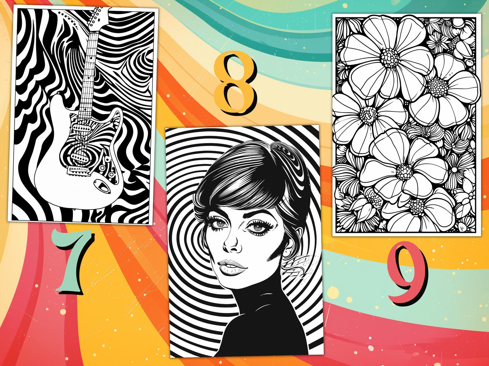1960s Retro Coloring Pages/sheets, Kids/teens/adults Instant Download ...