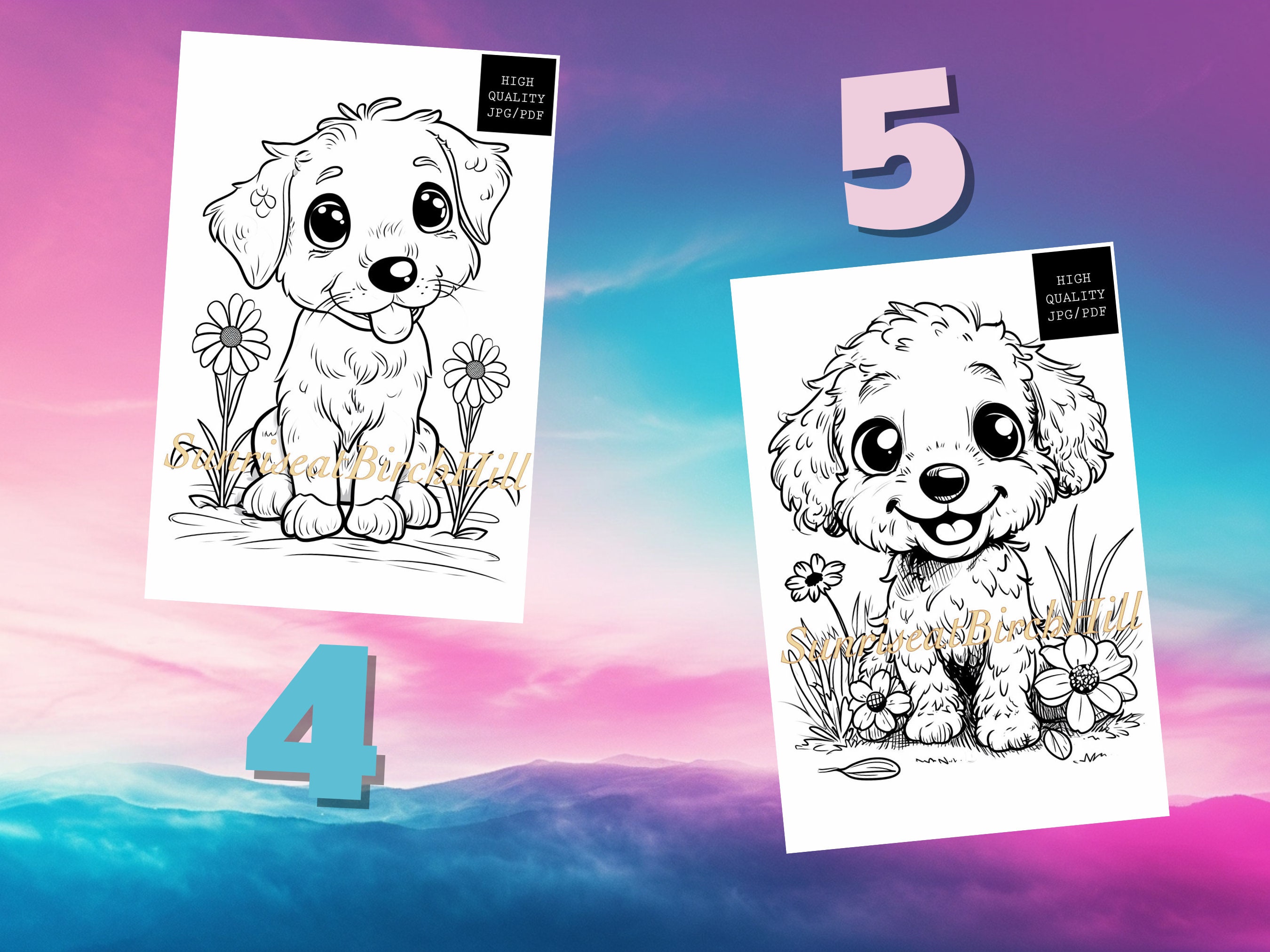 Five Cute Puppy Dog Coloring Pages/sheets, Instant Download Printable ...
