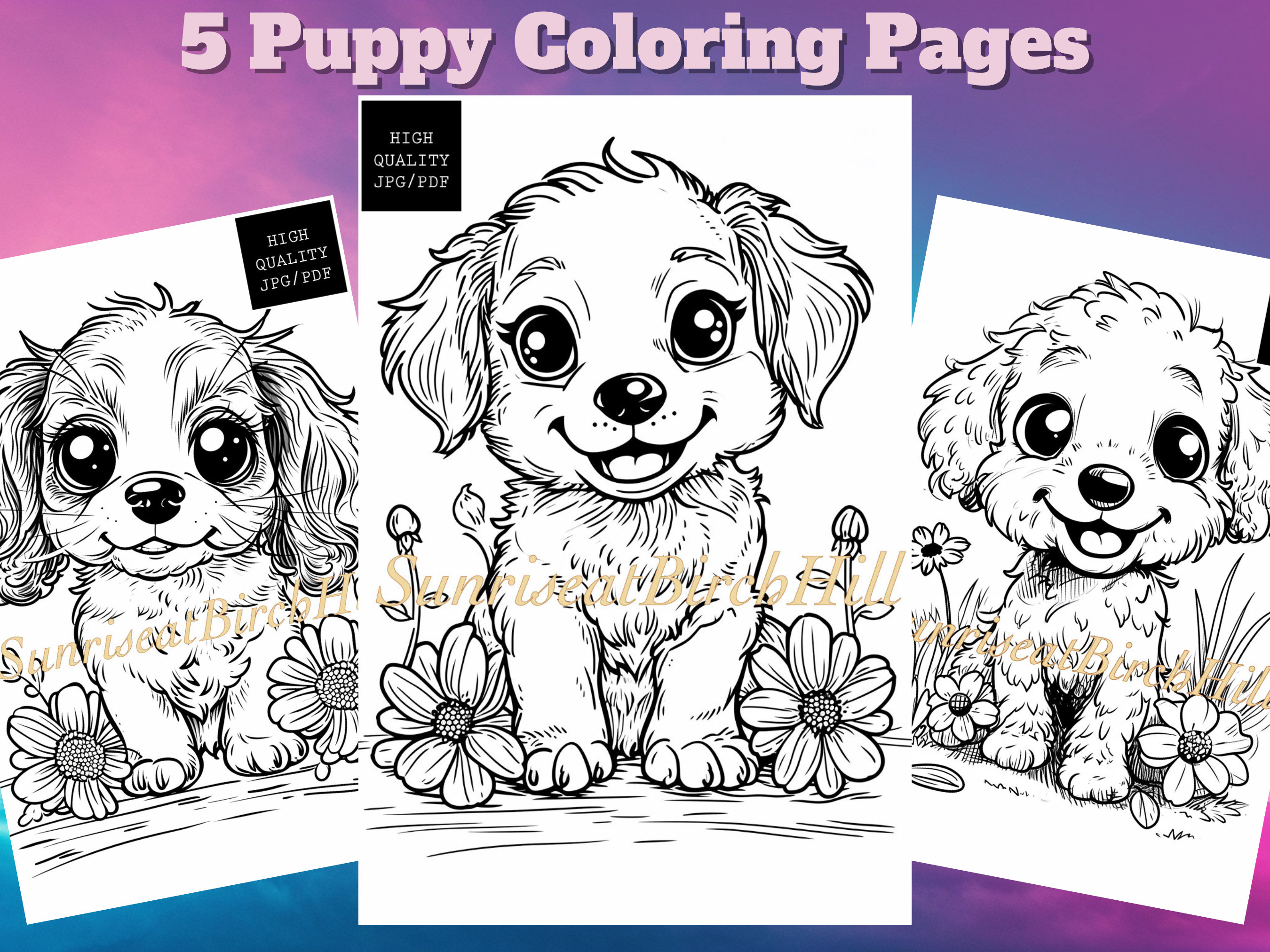 Five Cute Puppy Dog Coloring Pages/sheets, Instant Download Printable ...