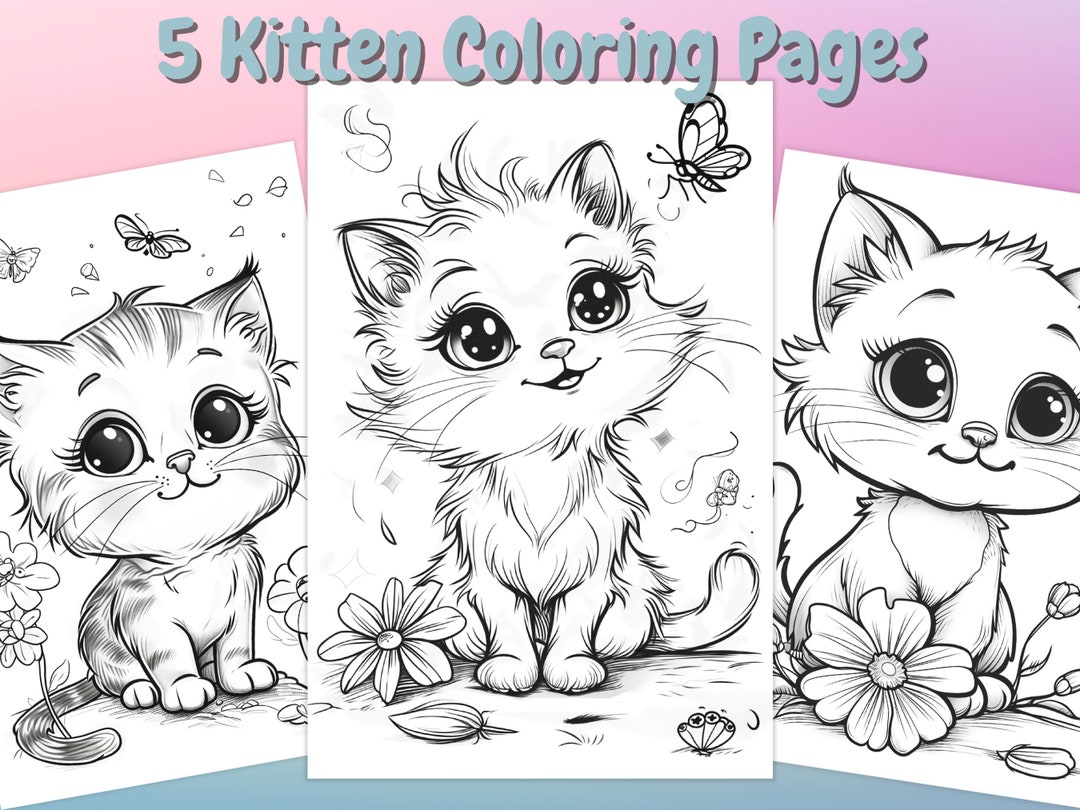 Five Cute Kitten Cat Coloring Pages/sheets, Instant Download Printable ...