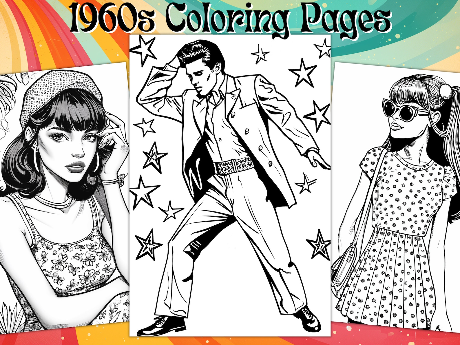 1960s Retro Coloring Pages/sheets, Kids/teens/adults Instant Download ...