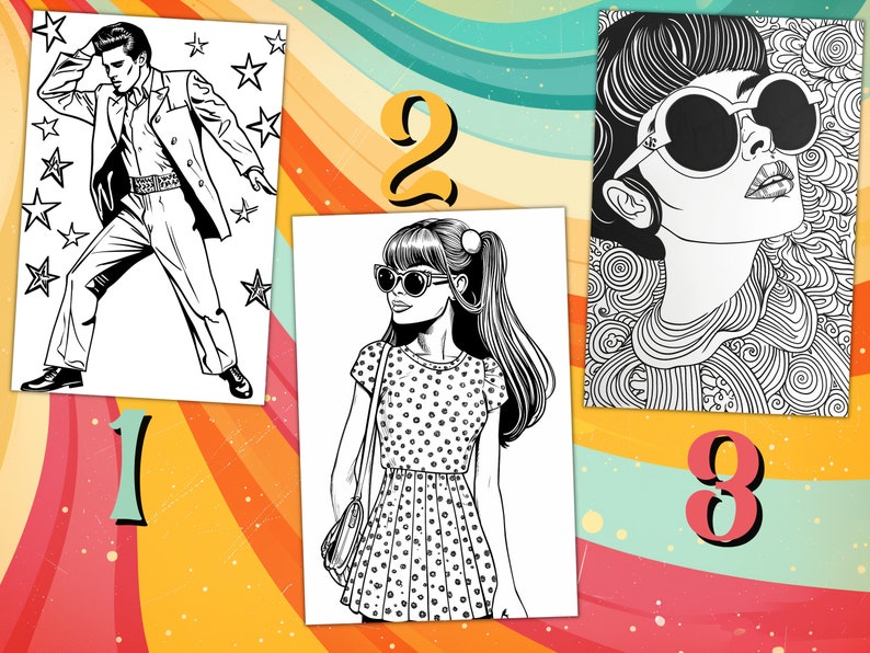 1960s Retro Coloring Pages/sheets, Kids/teens/adults Instant Download ...