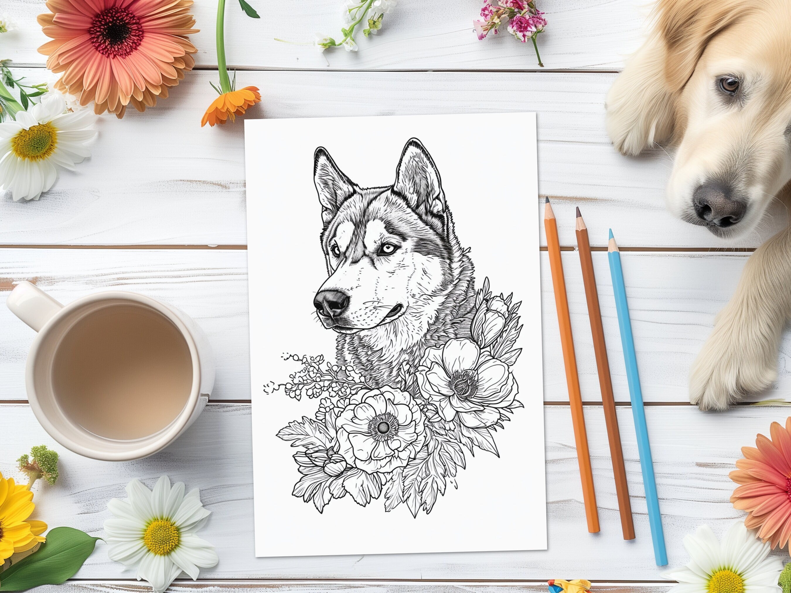 Siberian Husky Dog Coloring Page/sheet, Adult/teen Printable Coloring ...