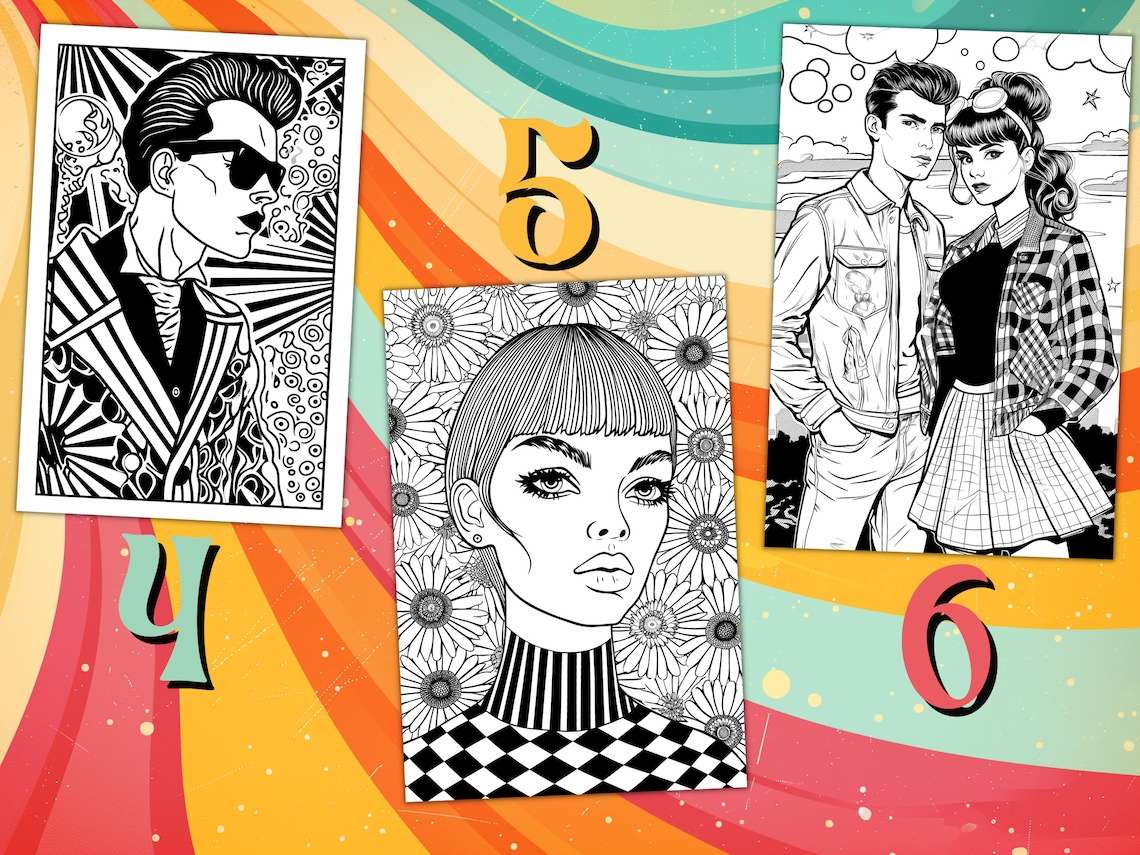 1960s Retro Coloring Pages/sheets, Kids/teens/adults Instant Download ...