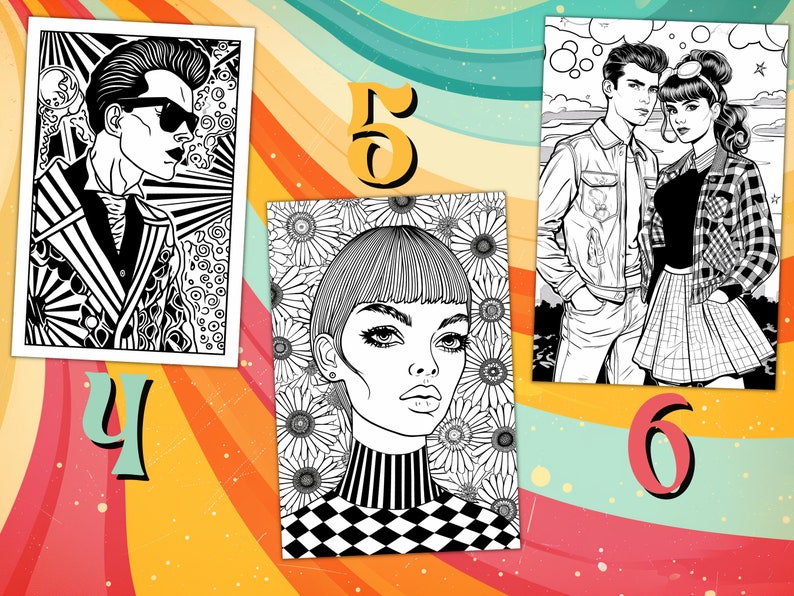 1960s Retro Coloring Pages/sheets, Kids/teens/adults Instant Download ...