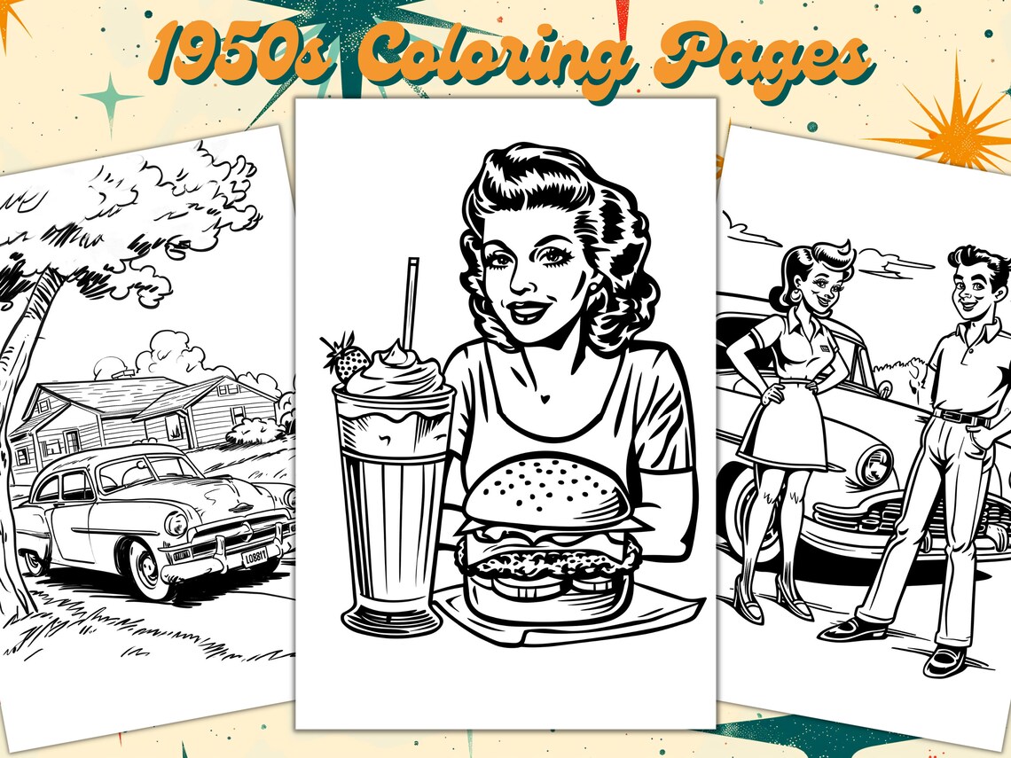 1950s Retro Coloring Pages/sheets, Kids/teens/adults Instant Download ...