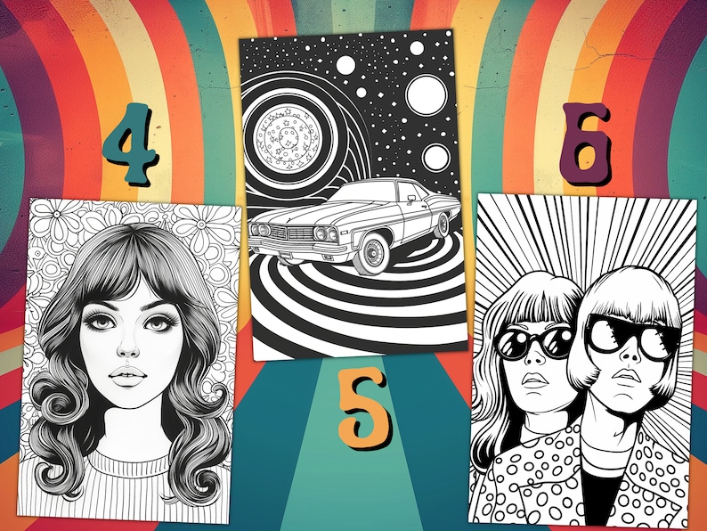 1970s Retro Coloring Pages/sheets, Kids/teens/adults Instant Download ...