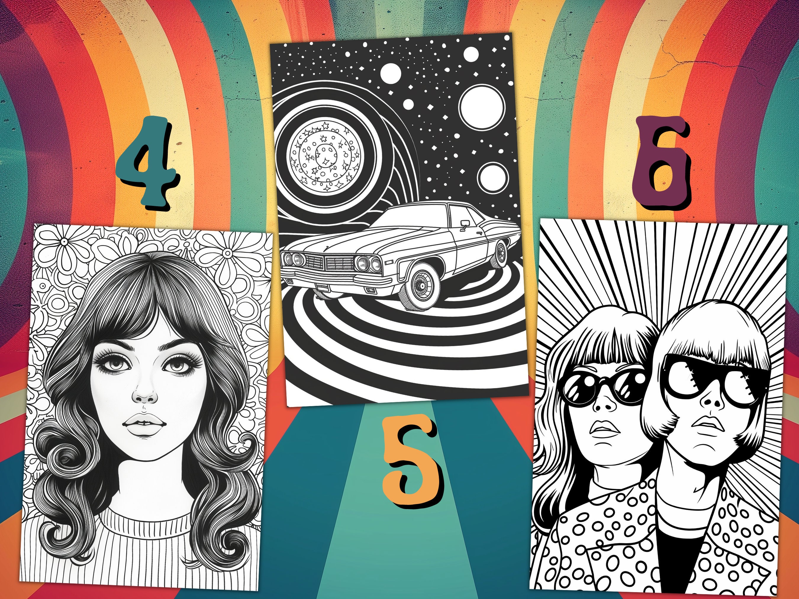 1970s Retro Coloring Pages/sheets, Kids/teens/adults Instant Download ...