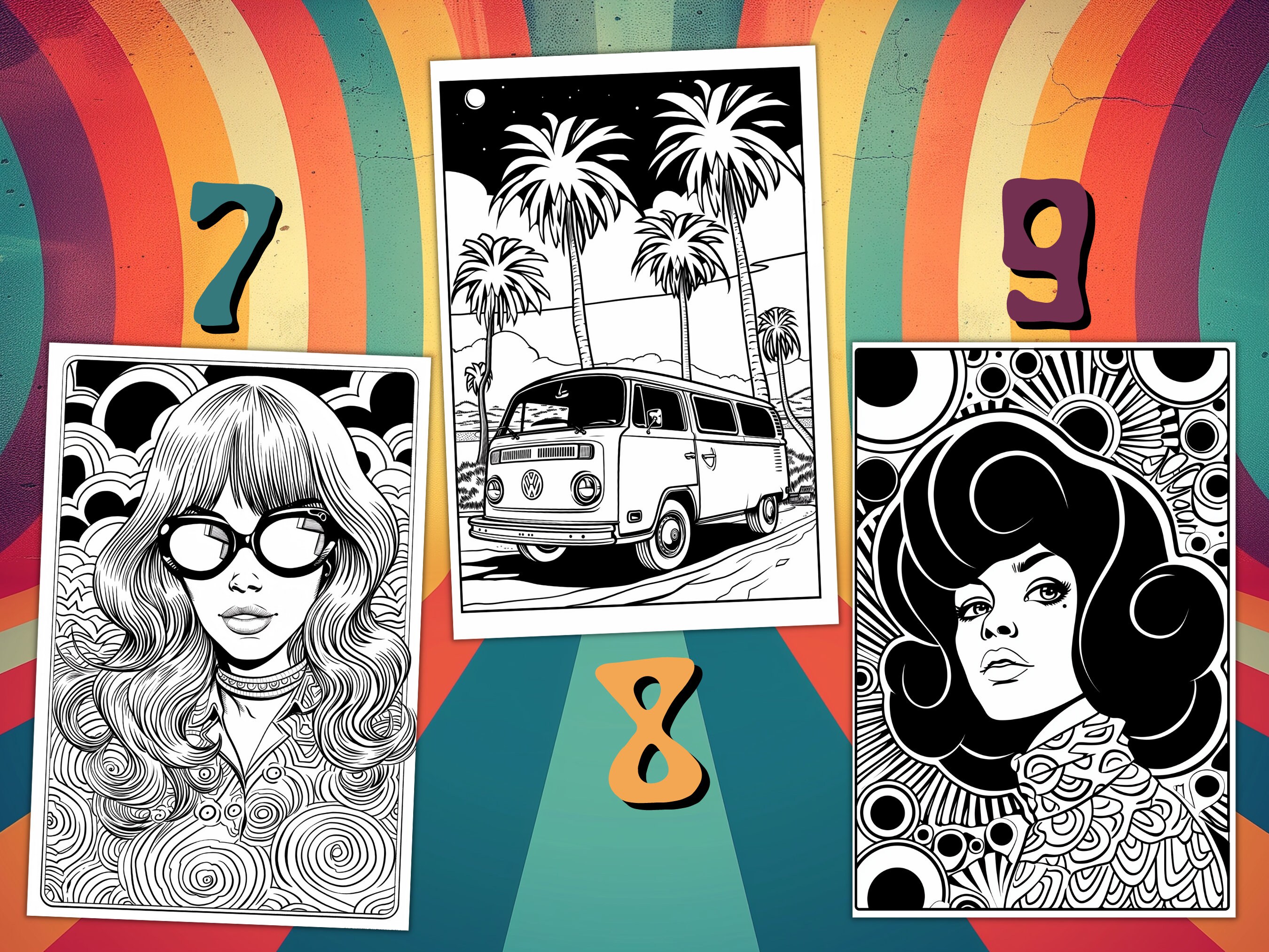 1970s Retro Coloring Pages/sheets, Kids/teens/adults Instant Download ...