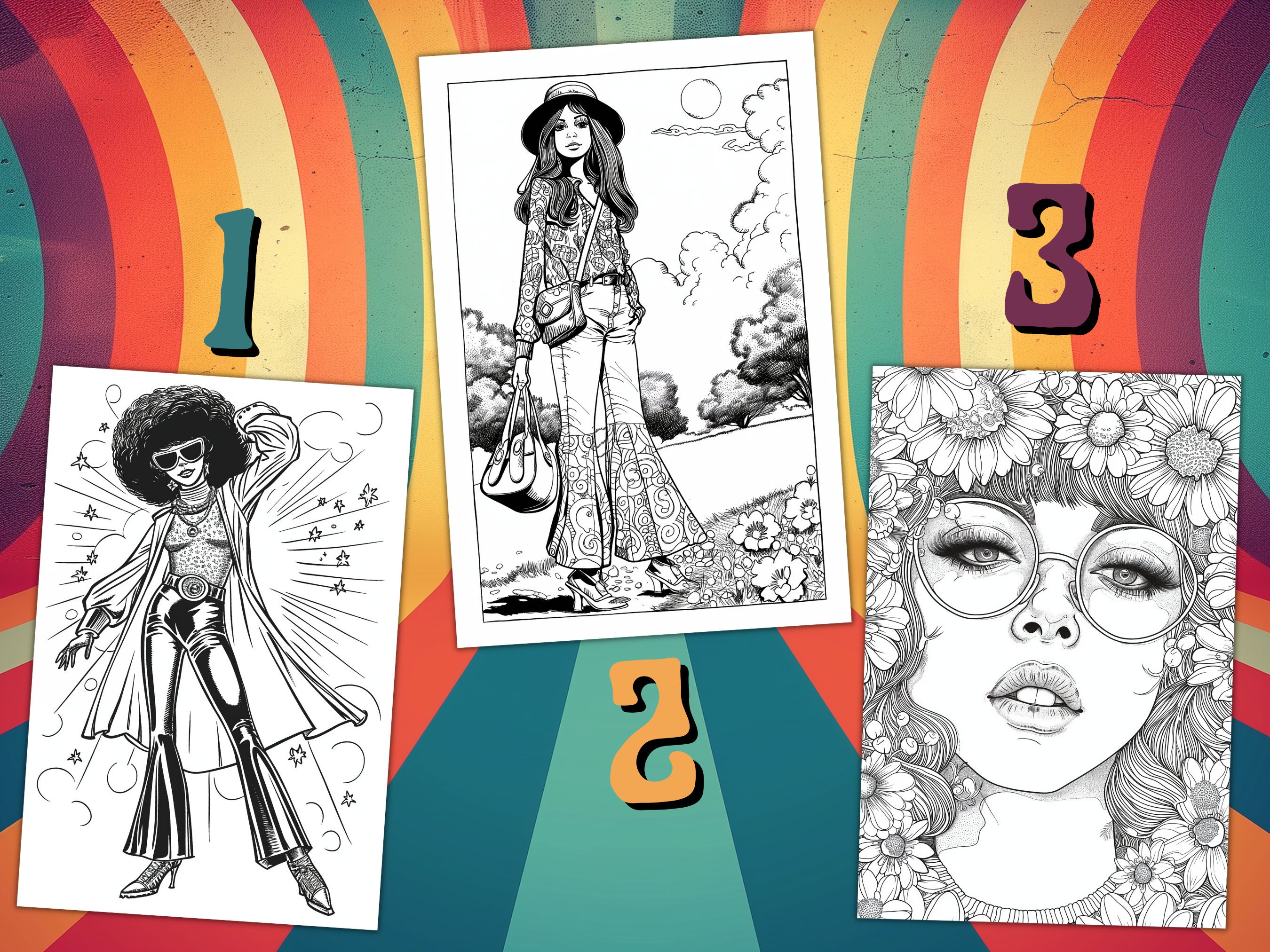 1970s Retro Coloring Pages/sheets, Kids/teens/adults Instant Download ...