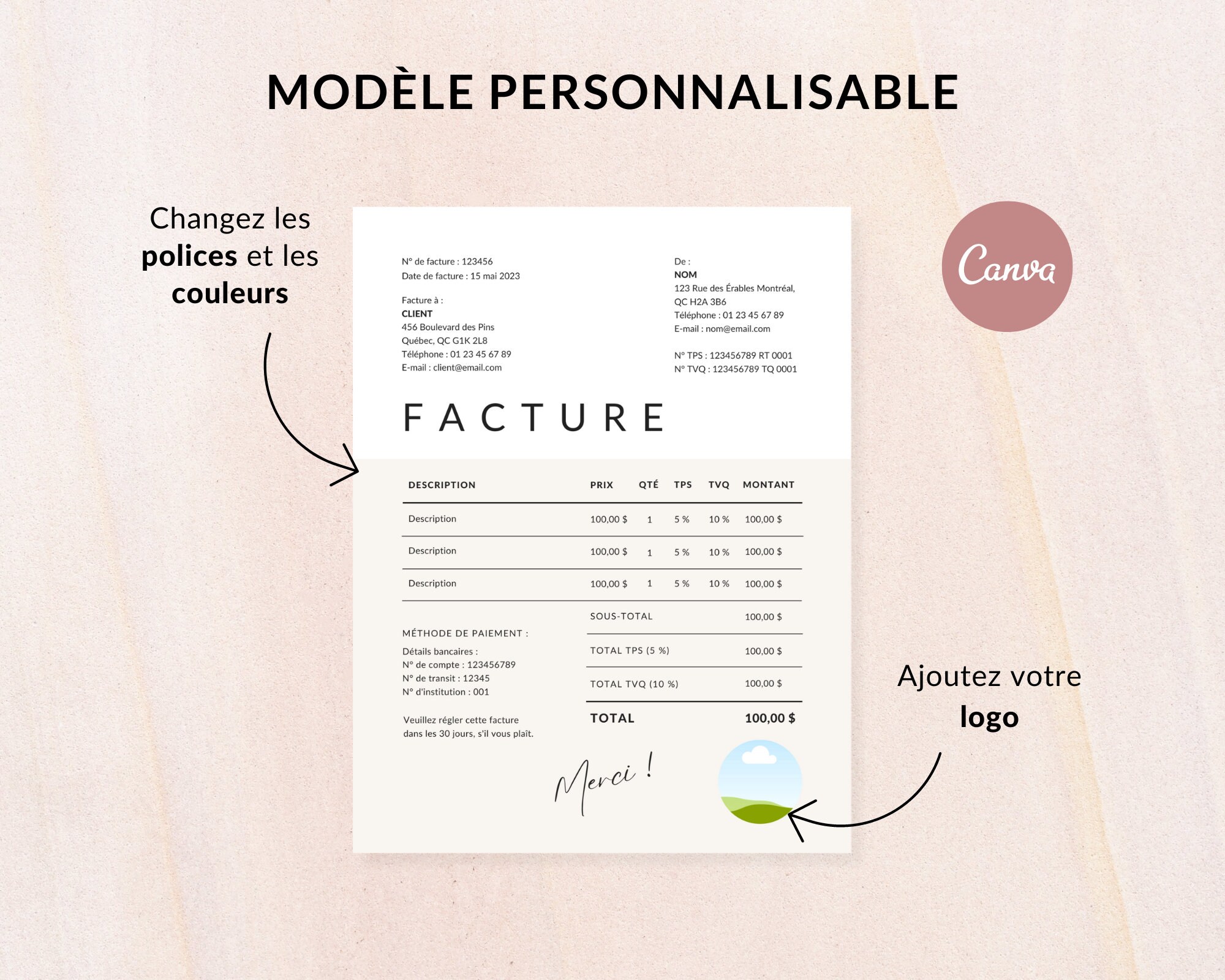 Modèle De Facture Canva French Creator Invoice Template Canada UGC ...