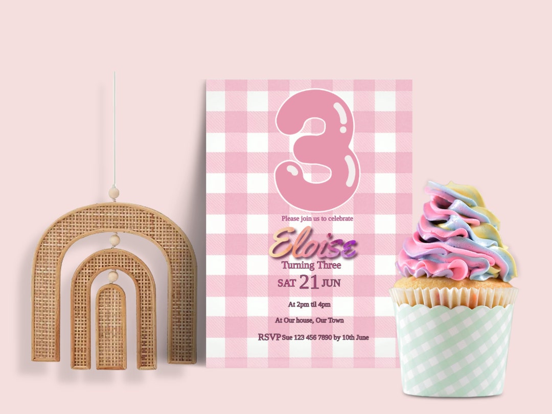 Editable Pink Gingham Party Invitegingham 3rd Birthday Party - Etsy