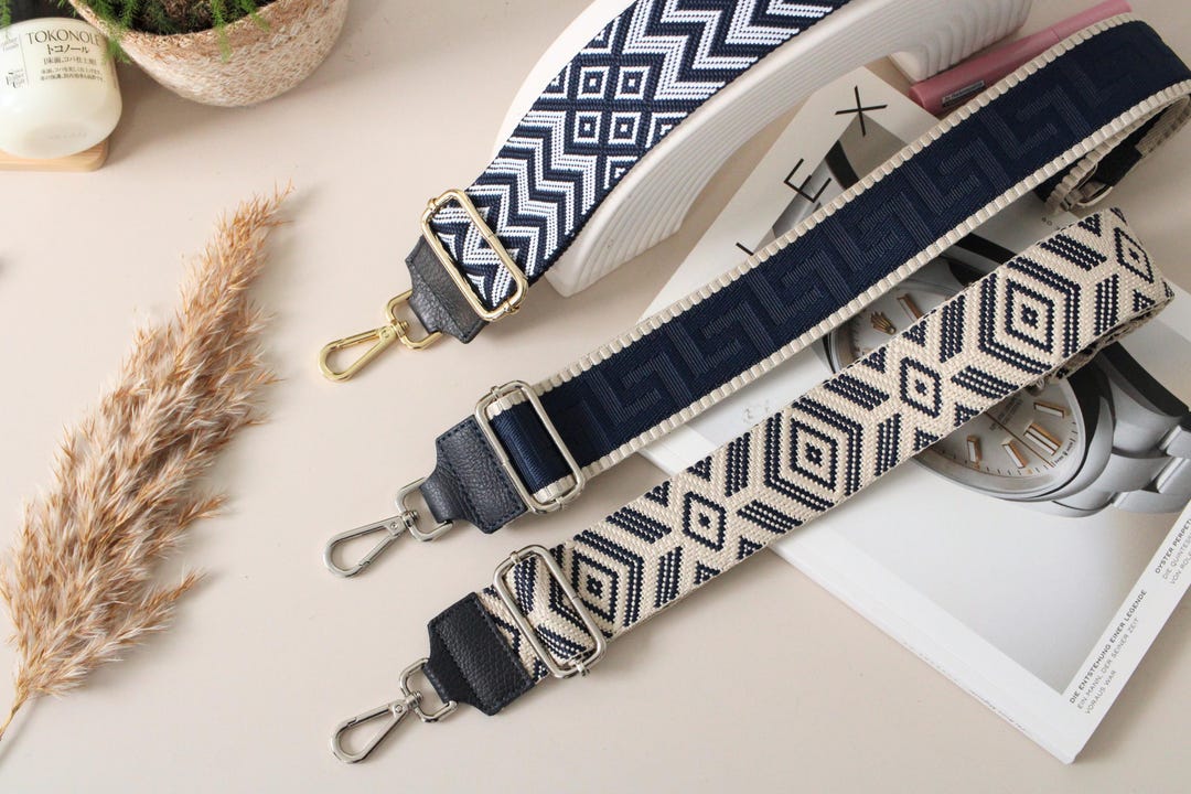 Navy Blue Leather Bag Strap: Patterned Wide Shoulder Strap With Silver ...