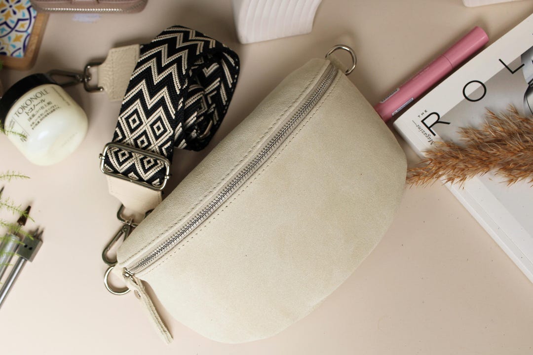 Suede Beige Leather Belly Bag: Crossbody Bag With Patterned Strap - Etsy