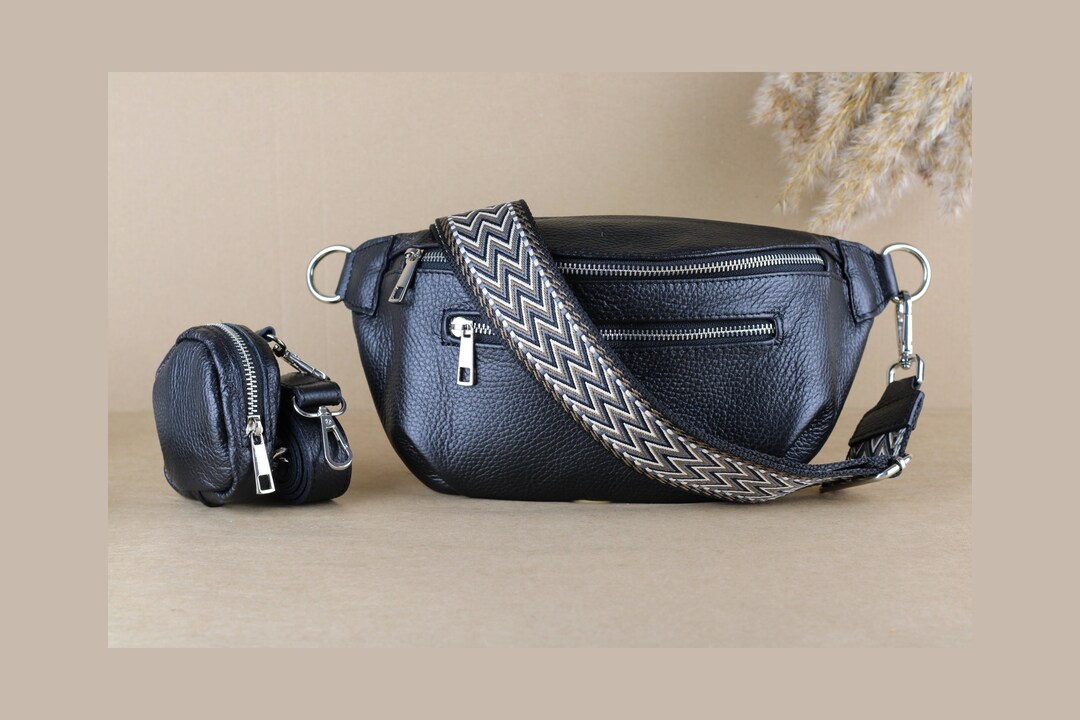 Black Leather Belly Bag for Women With Coin Wallet , Extra Patterned ...