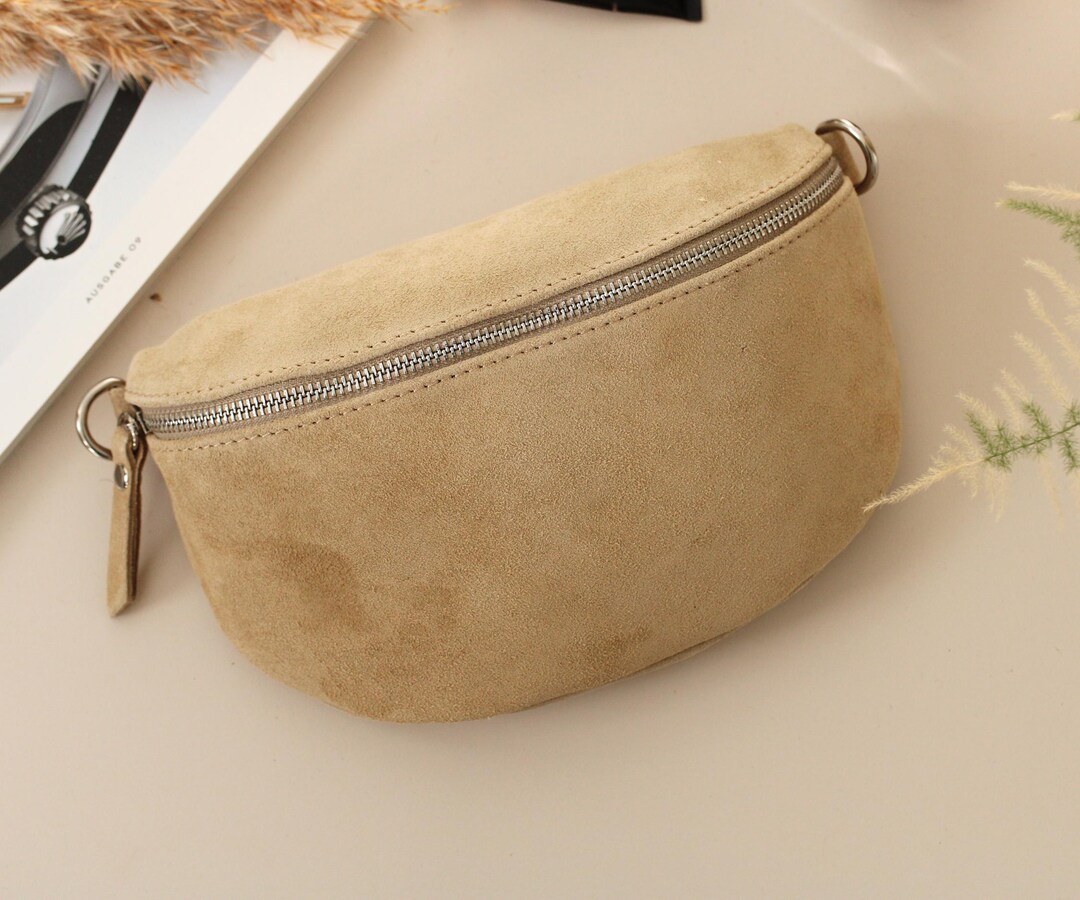 Handmade Suede Leather Belt Bag: Taupe Crossbody With Patterned Strap ...