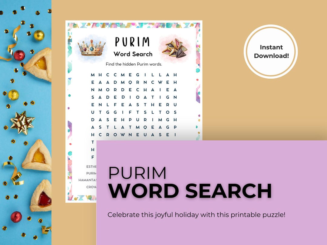 Purim Word Search Puzzle: Printable Jewish Holiday Game; Queen Esther ...