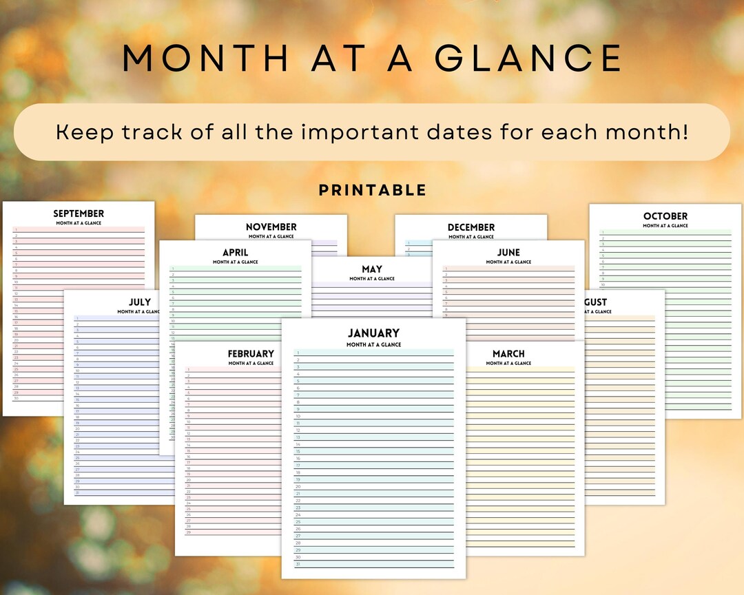 Month at a Glance Printable Planner Page, Important Dates Organizer ...