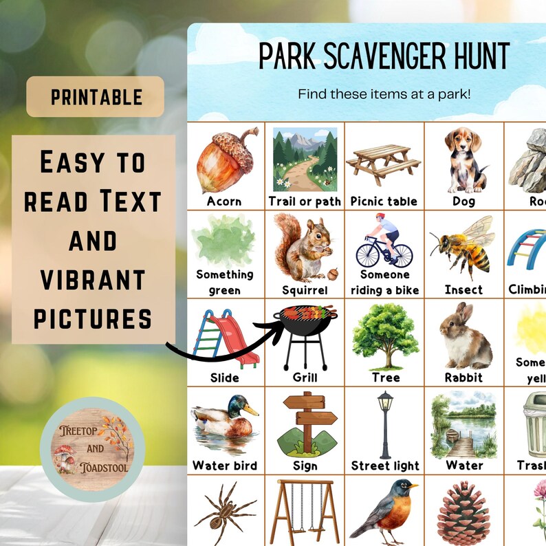 Park Scavenger Hunt, Printable Educational Outdoor Activity for Kids ...