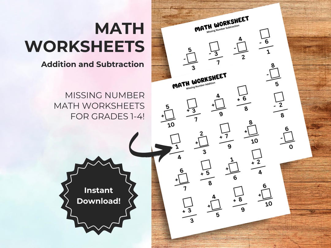 Math Missing Number Worksheets, Addition & Subtraction Printable Pages ...