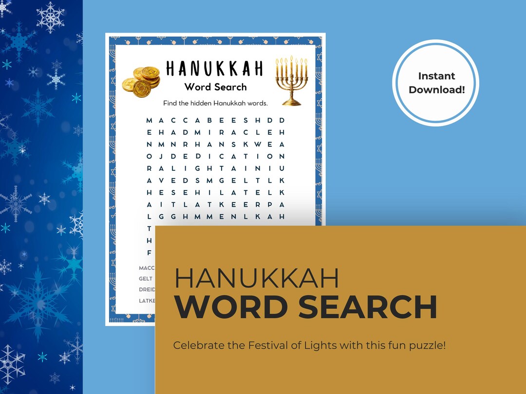 Hanukkah Word Search Puzzle; Printable Jewish Holiday Activity; Kids ...