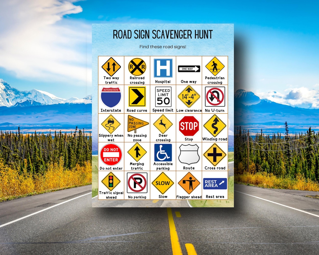 Road Sign Scavenger Hunt: Kids Road Trip Travel Game Activity (instant ...