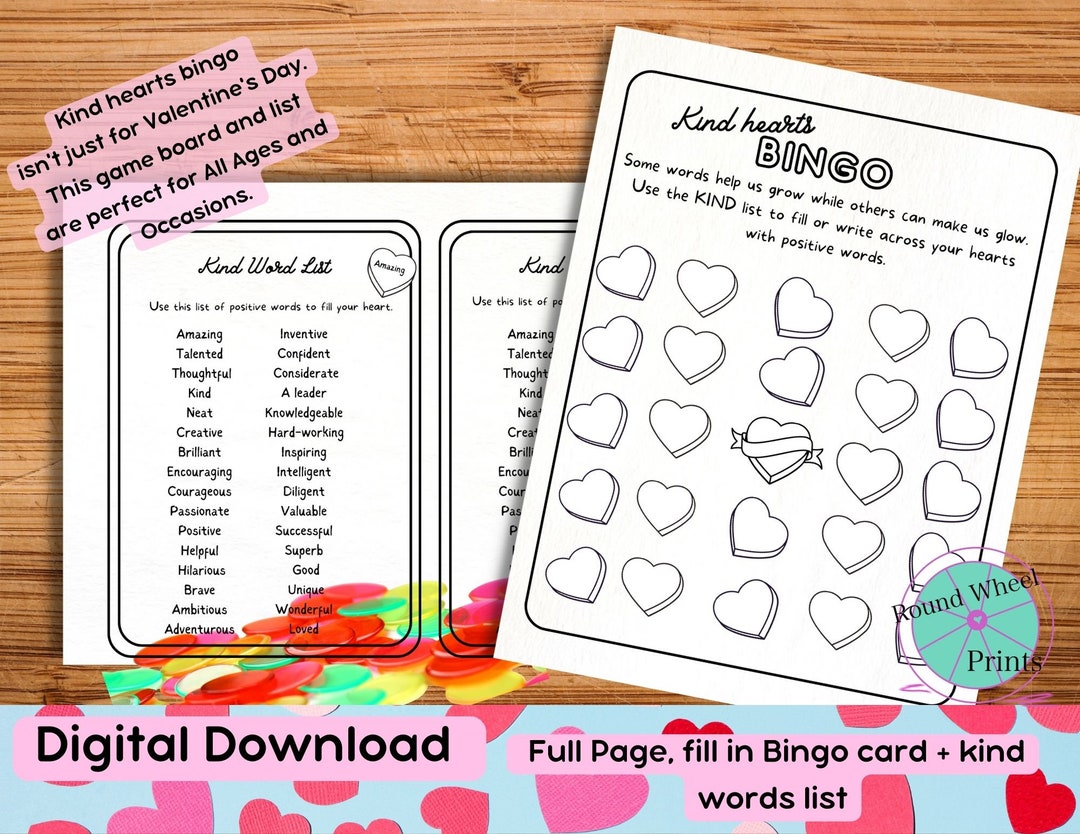 Valentines Day Bingo, Fill in the Blank, Kind Word List - Etsy