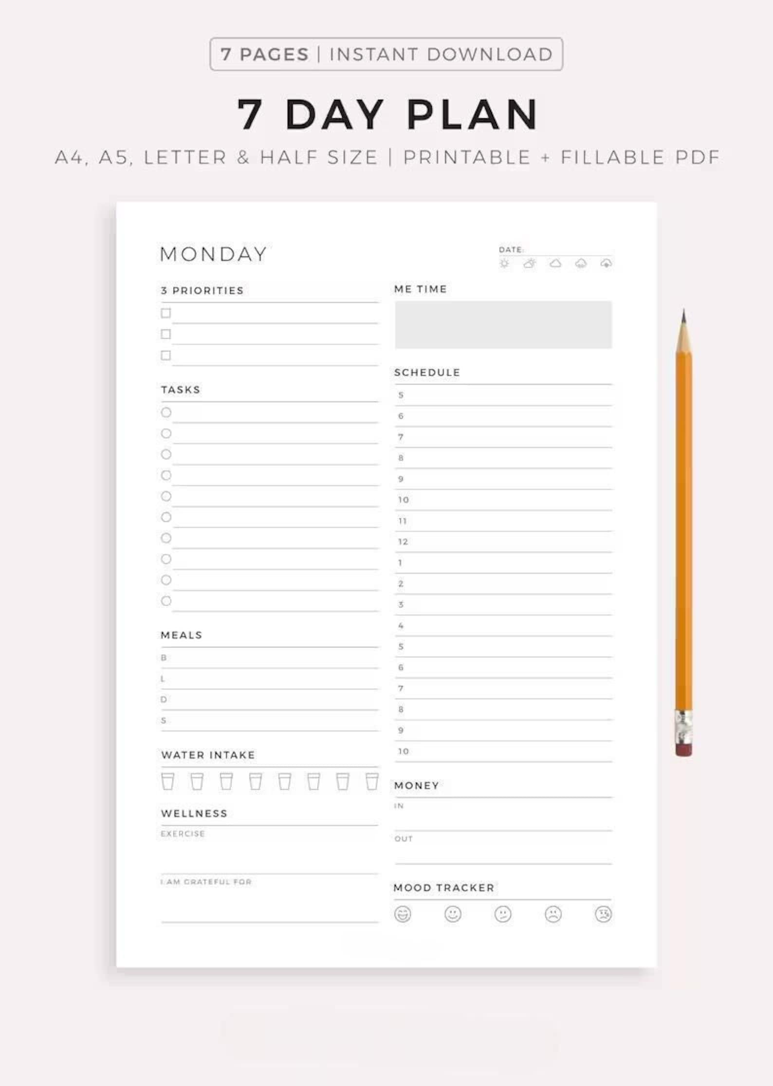 7 Day Planner Printable, Weekly Planner, Daily to Do List for Work ...