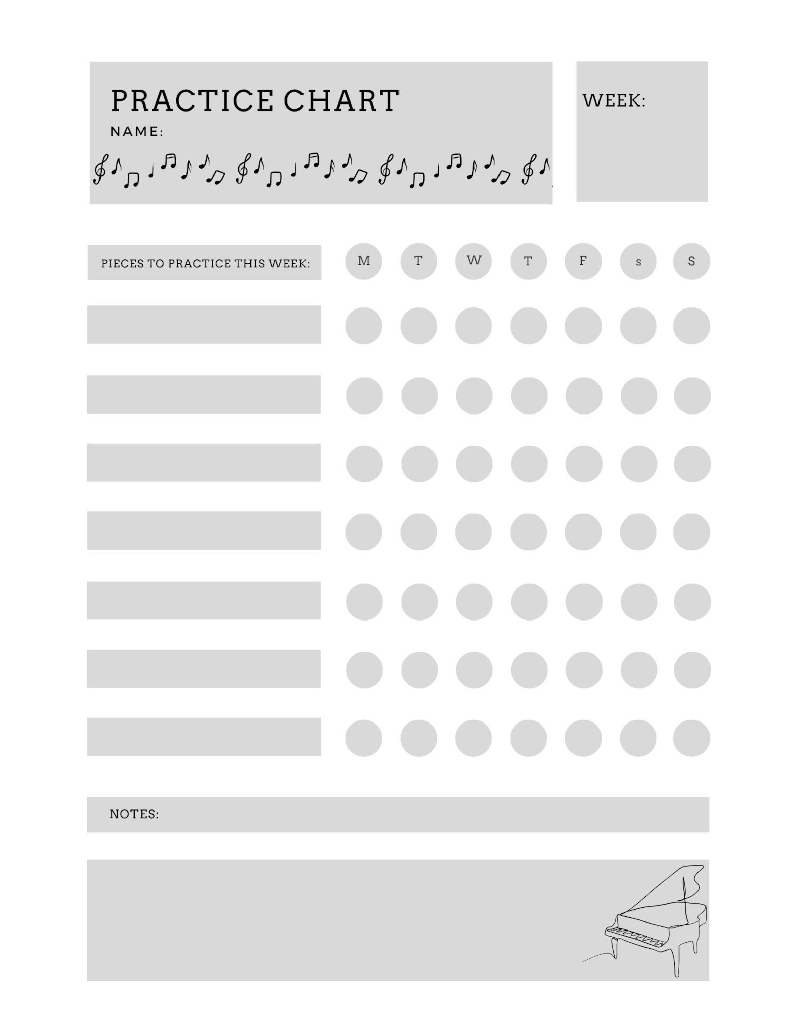 Music Practice Chart for Student, Weekly Practice Tracker, Printable ...