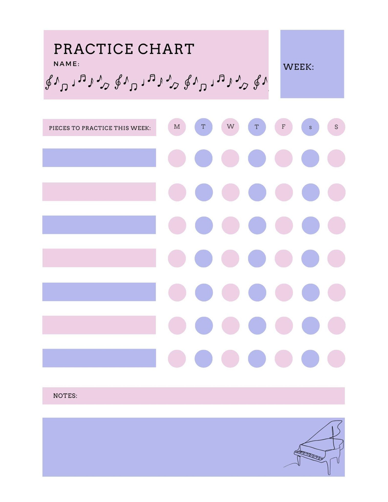 Music Practice Chart for Student, Weekly Practice Tracker, Printable ...