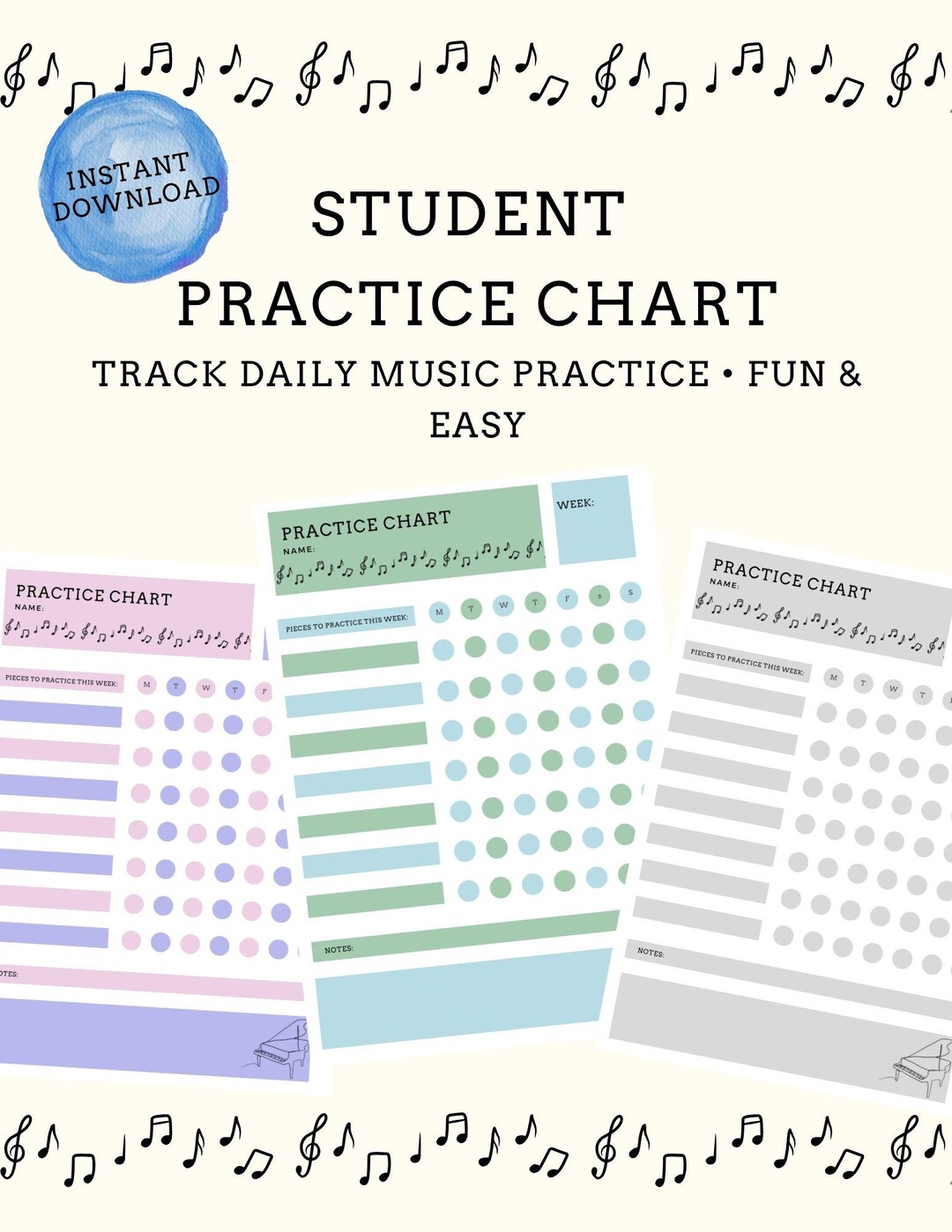 Music Practice Chart for Student, Weekly Practice Tracker, Printable ...