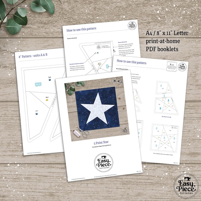 5 Point Star in 8 Sizes, With Pentagonal Centre for Fussy-cutting. FPP ...