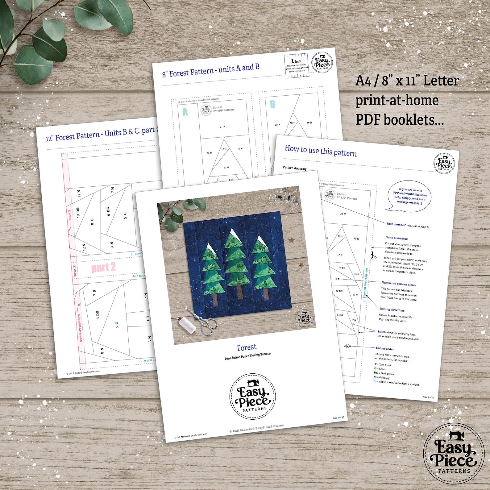 Forest in 3 Sizes, 8" 10" 12" Square. FPP Foundation Paper Piecing ...