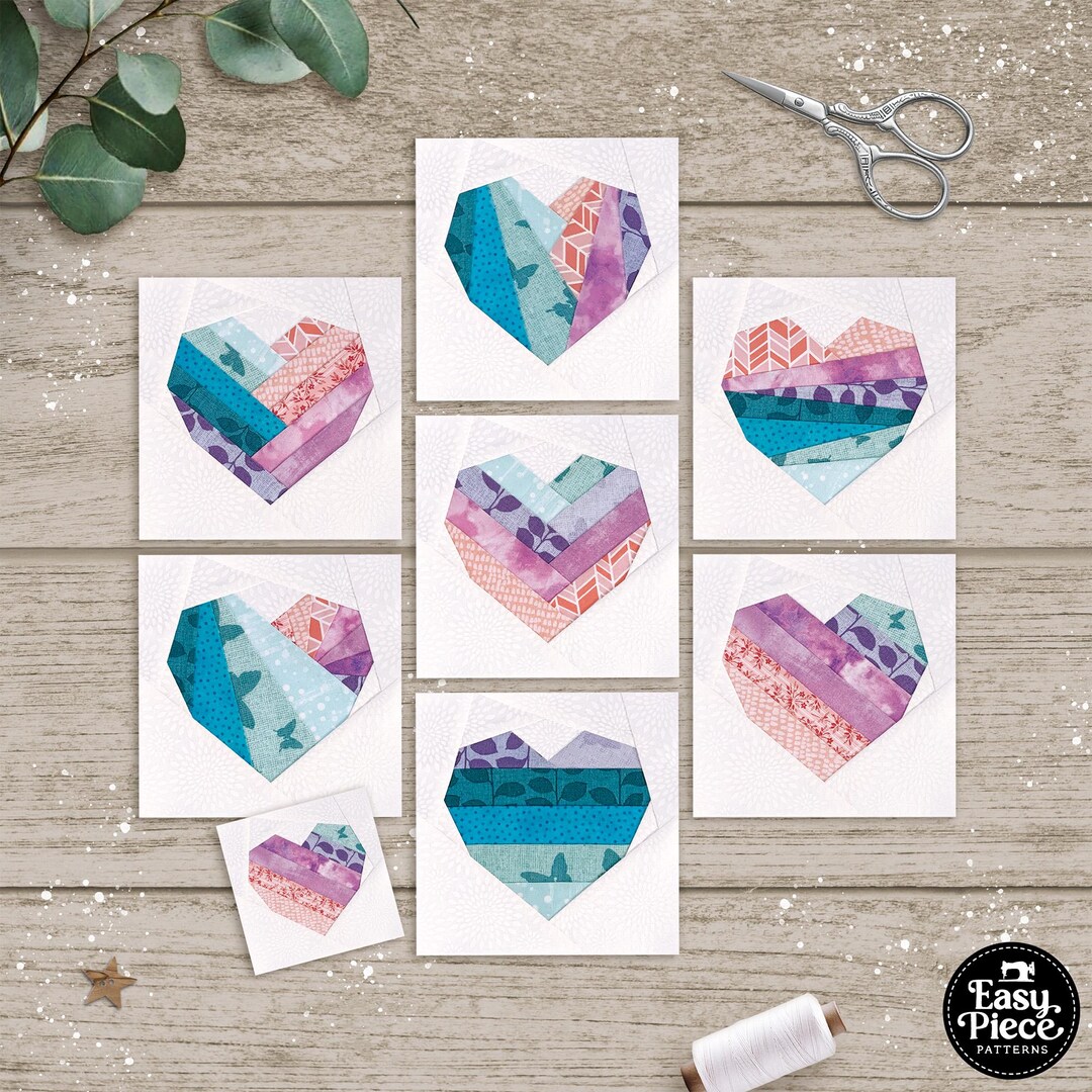 Scrappy Hearts 3 4 5 6 7 Quilt Block Patterns, 7 Designs in 5 Sizes ...