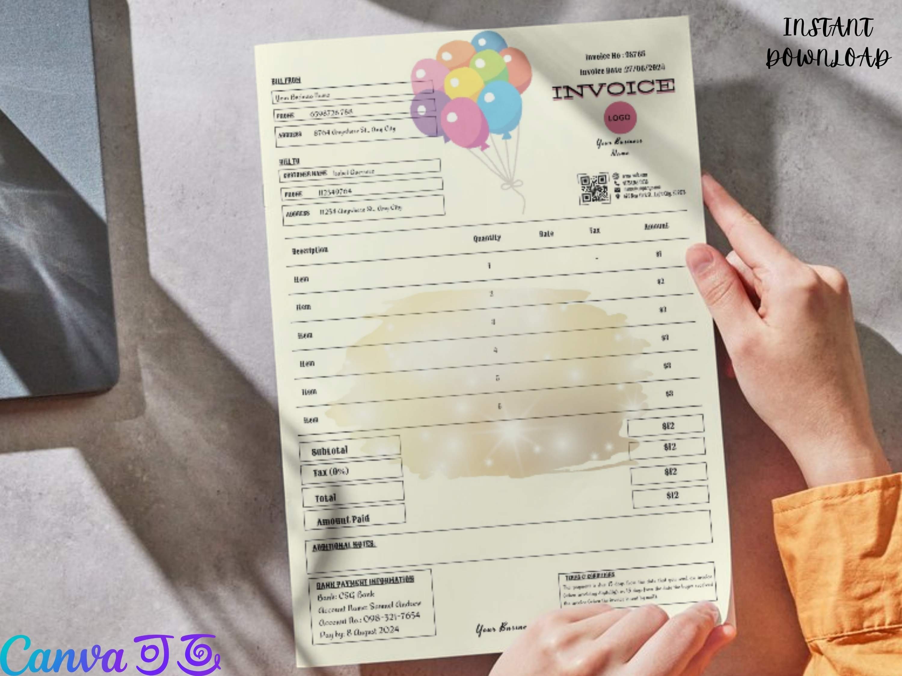 Editable Balloon Invoice Template Balloon Forms Balloon Business Custom ...