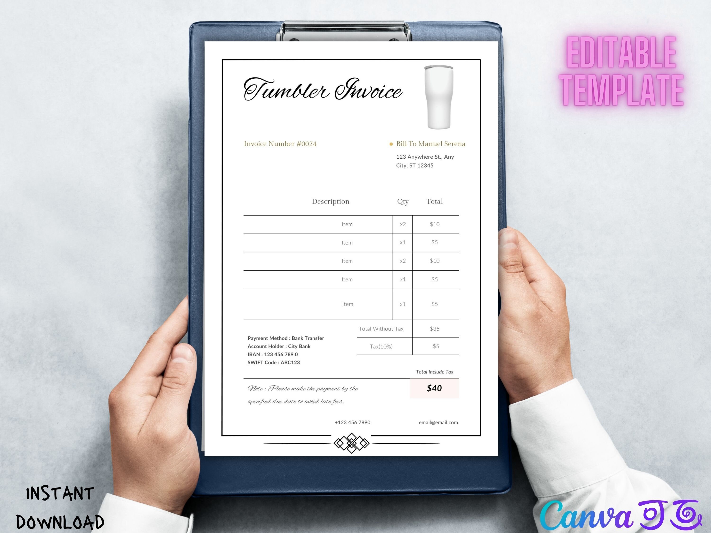 Printable Tumbler Invoice Template Editable Cup Invoice Sublimation ...