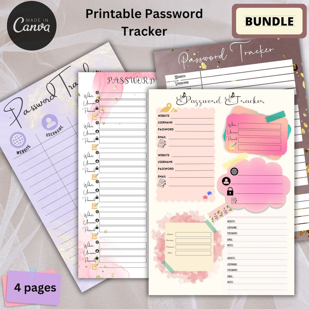 Password Tracker BUNDLE, 4 Printable Password Log, Password Keeper ...