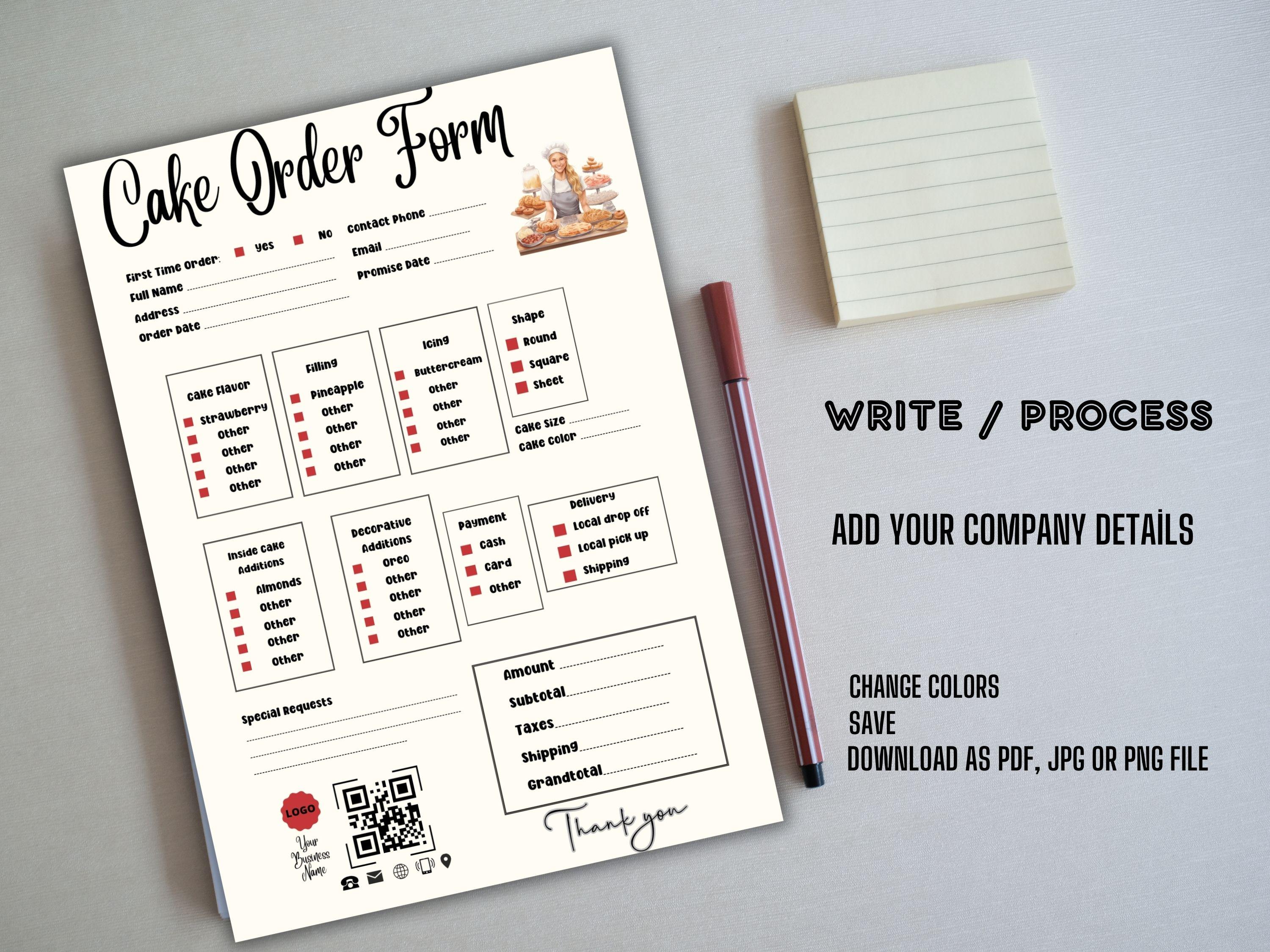 Editable CAKE ORDER FORM, Printable Cake Order Form Template, Baking Business Order Form, Custom ...