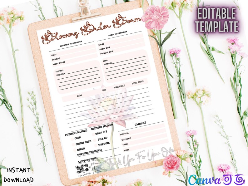 EDITABLE FLORIST ORDER Form Wedding Flowers Printable Flowers Order ...