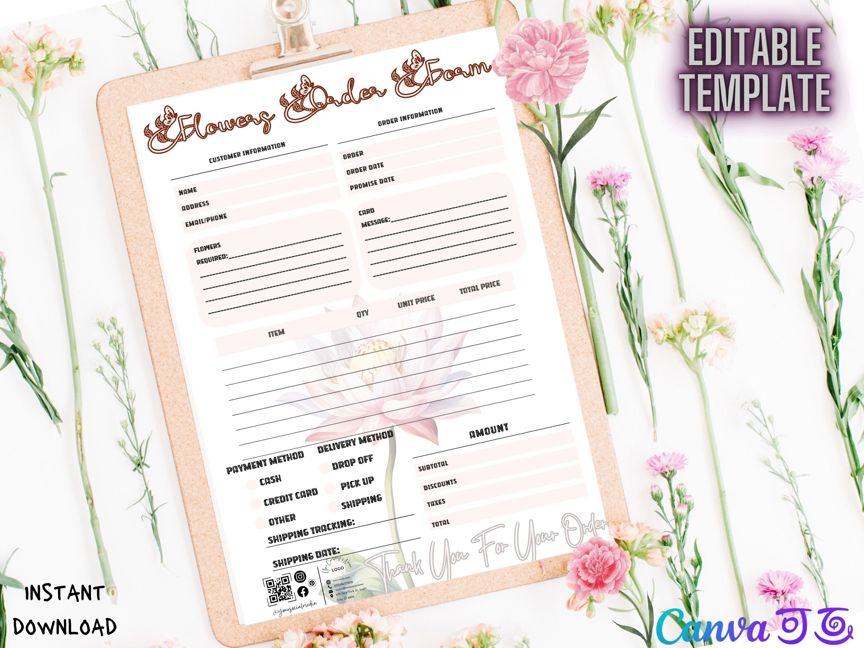 EDITABLE FLORIST ORDER Form Wedding Flowers Printable Flowers Order ...