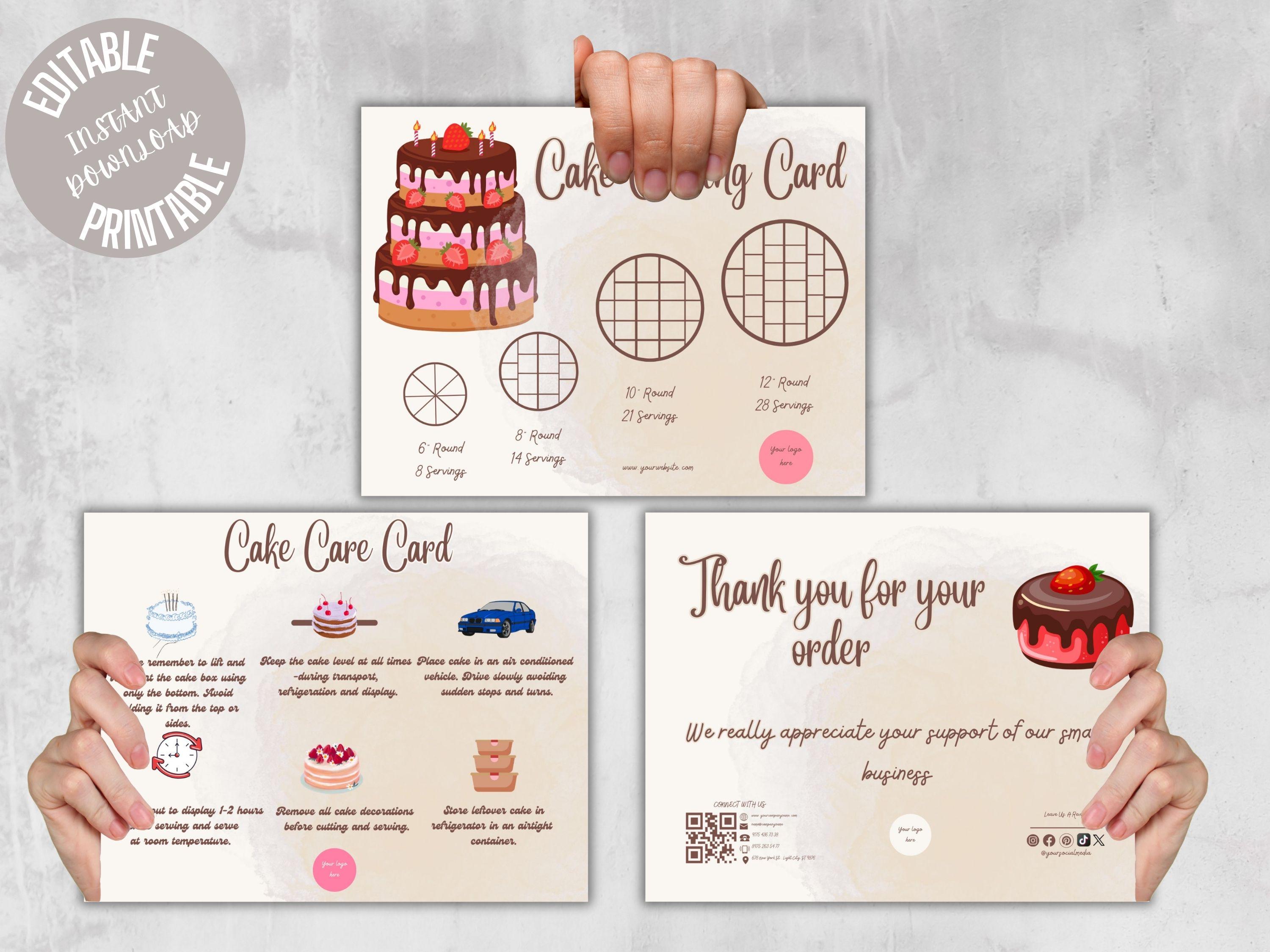 Cake Care Cards Bundle, Editable Cake Cutting Guide Cards, Printable ...