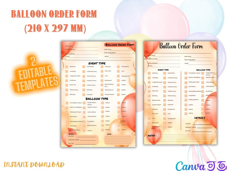 Editable Balloon Order Form Party Balloons Order Sheet Balloon Garland ...