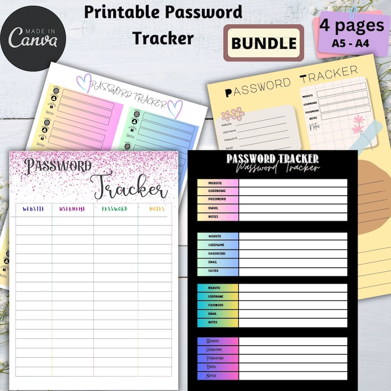 Editable Fillable Password Tracker BUNDLE, 4 Printable Password Log ... Editable Fillable Password Tracker BUNDLE, 4 Printable Password Log ...