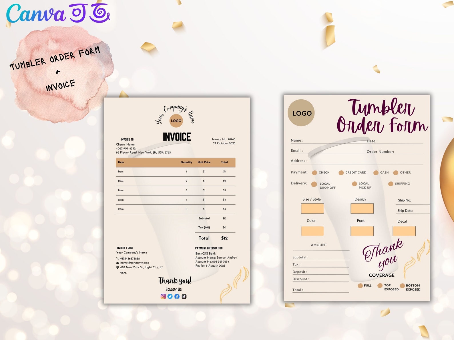 Editable Tumbler Order Formtemplate Tumbler Invoice Custom Tumbler ...
