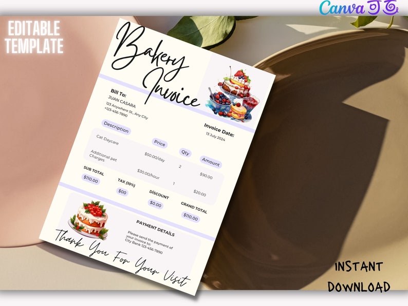 Bakery Invoice Template Receipt Template Business Template Printable ...