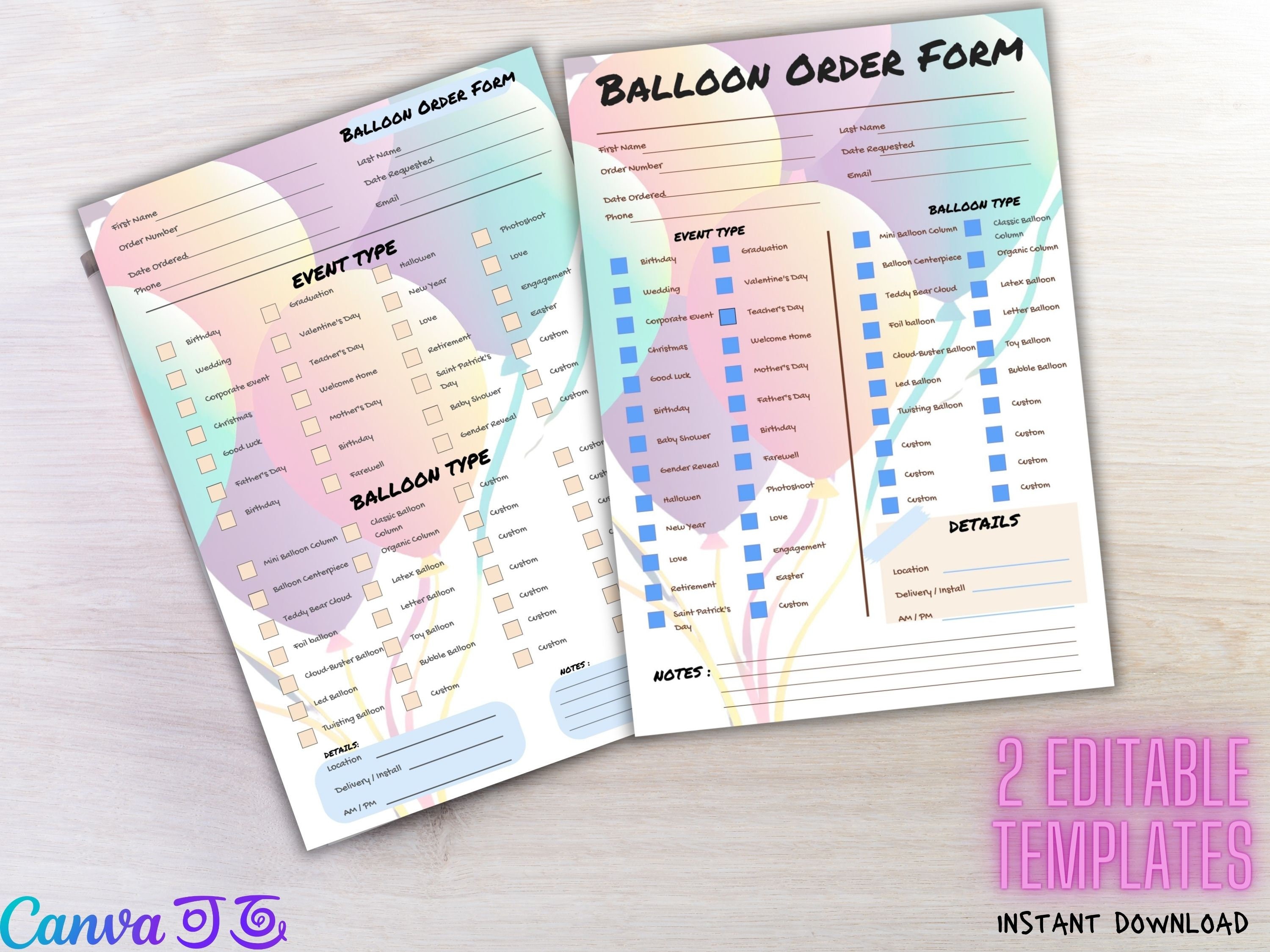 Editable Balloon Order Form Template Balloon Order Tracker Custom ...